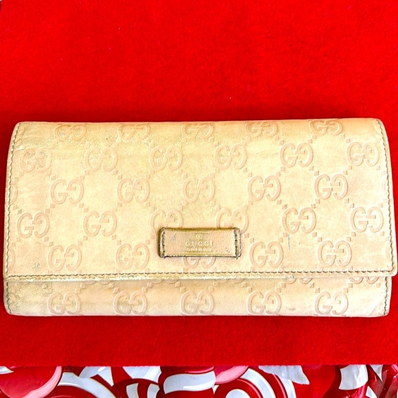 Gucci | Bags | Gucci Calf Skin Beige Monogram Long Leather Wallet ...
